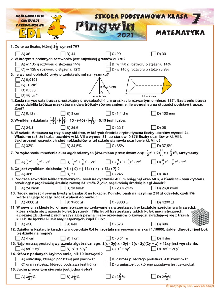 001 - Matematyka Pingwin Klasa 7 - Test | PDF