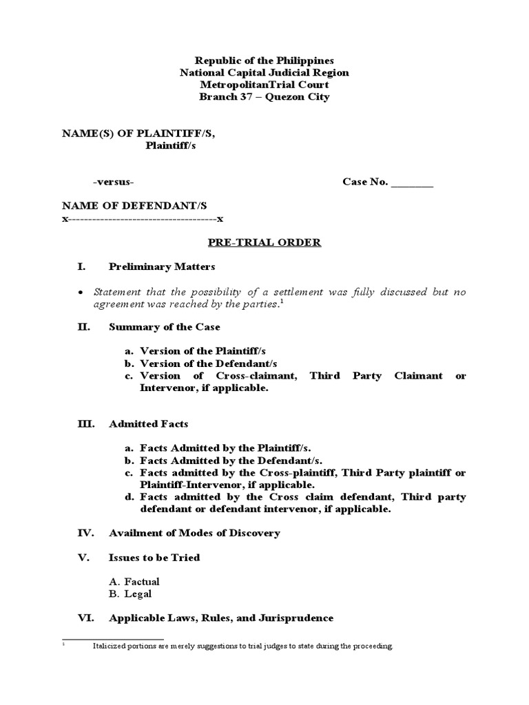 Pre-Trial Order and Trial Schedule | PDF | Discovery (Law) | Trials