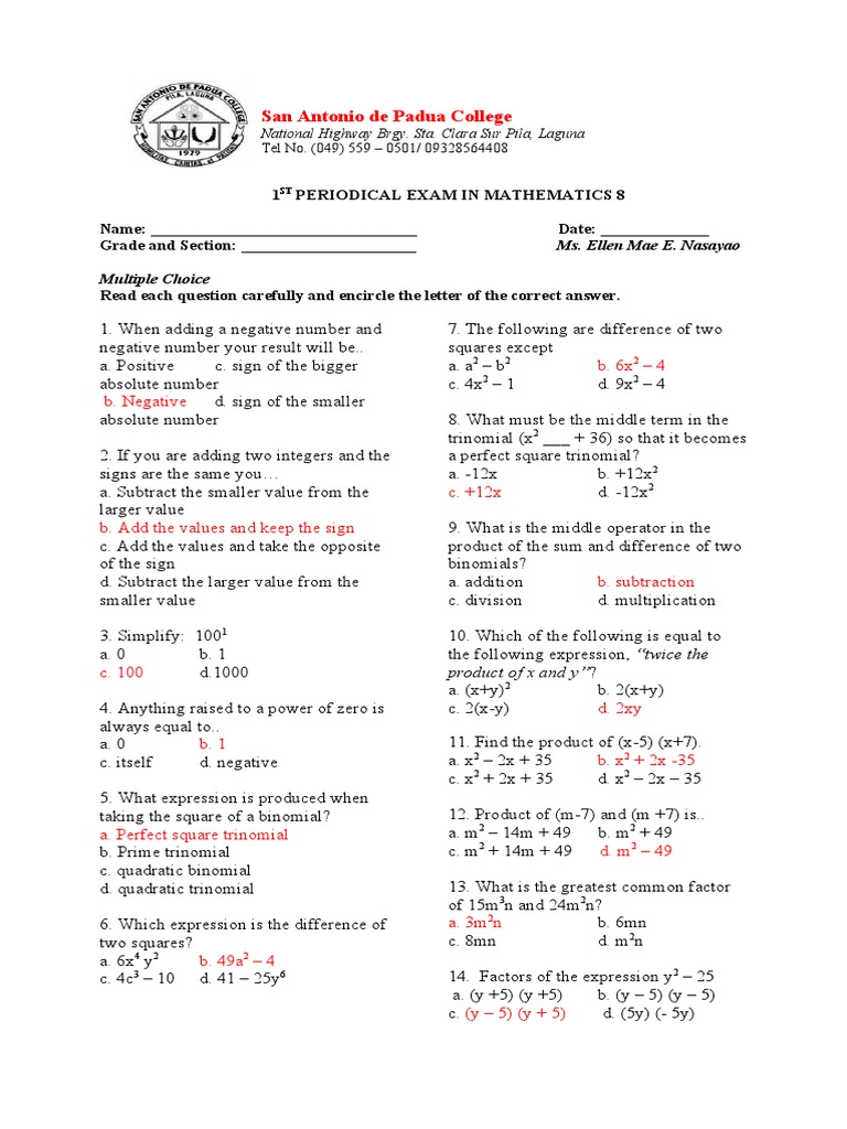 1st Periodical Exam Math8 | PDF | Numbers | Square Root
