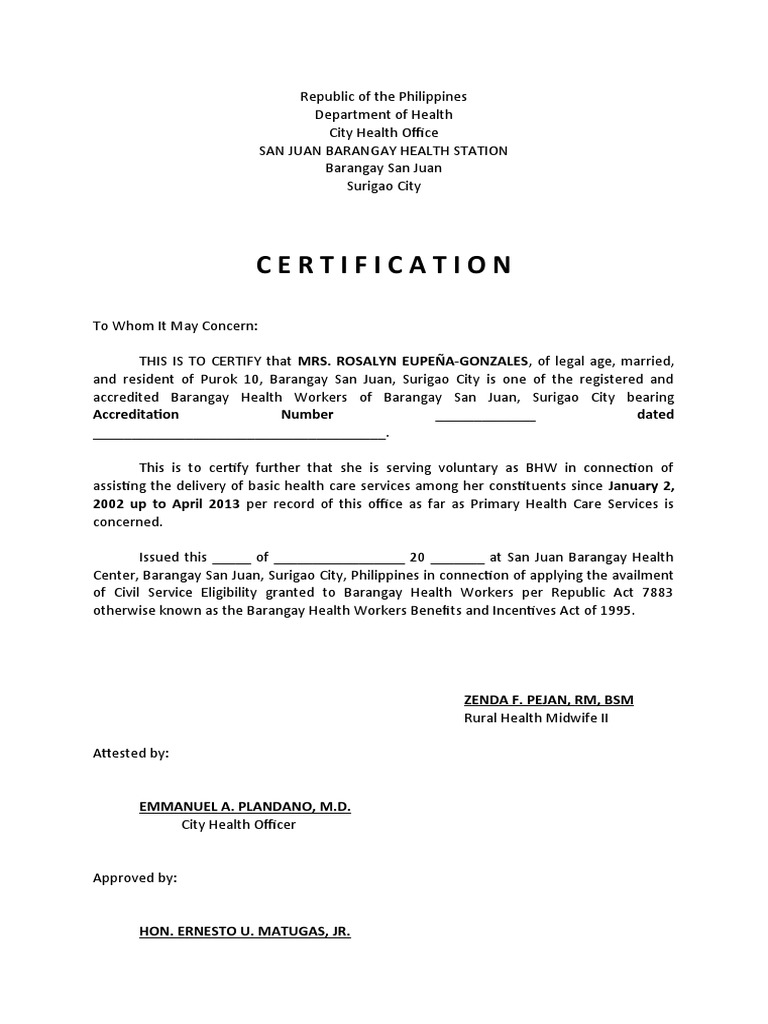 CERTIFICATION - Employment BHW - SAN JUAN - Gonzales | PDF | Public Services | Health Sciences