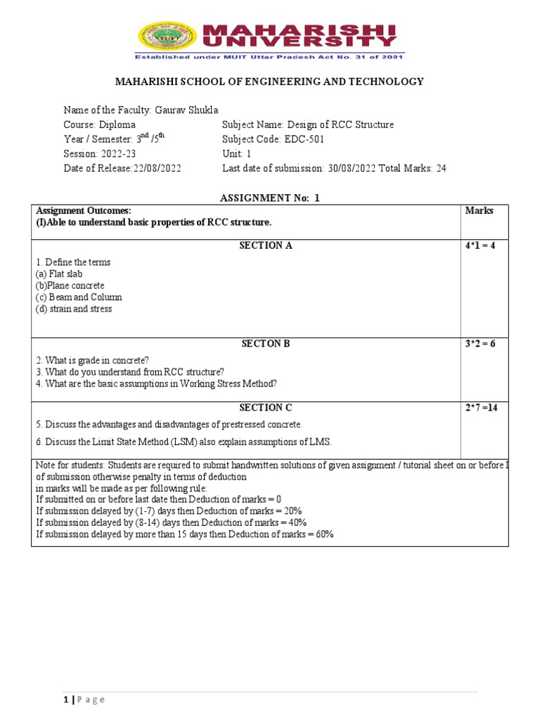Assignment 1 Design of RCC Structure | PDF