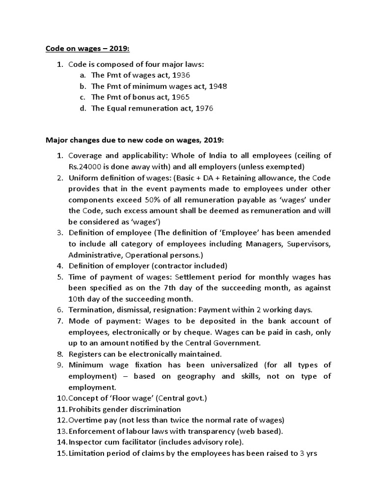 Code On Wages 2019 - Notes | PDF | Employment | Wage