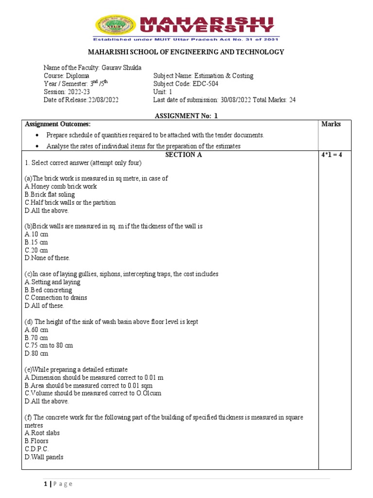 Assignment 1 Estimation and Costing | PDF