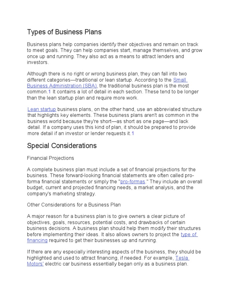Types of Business Plans | PDF | Startup Company | Small Business ...