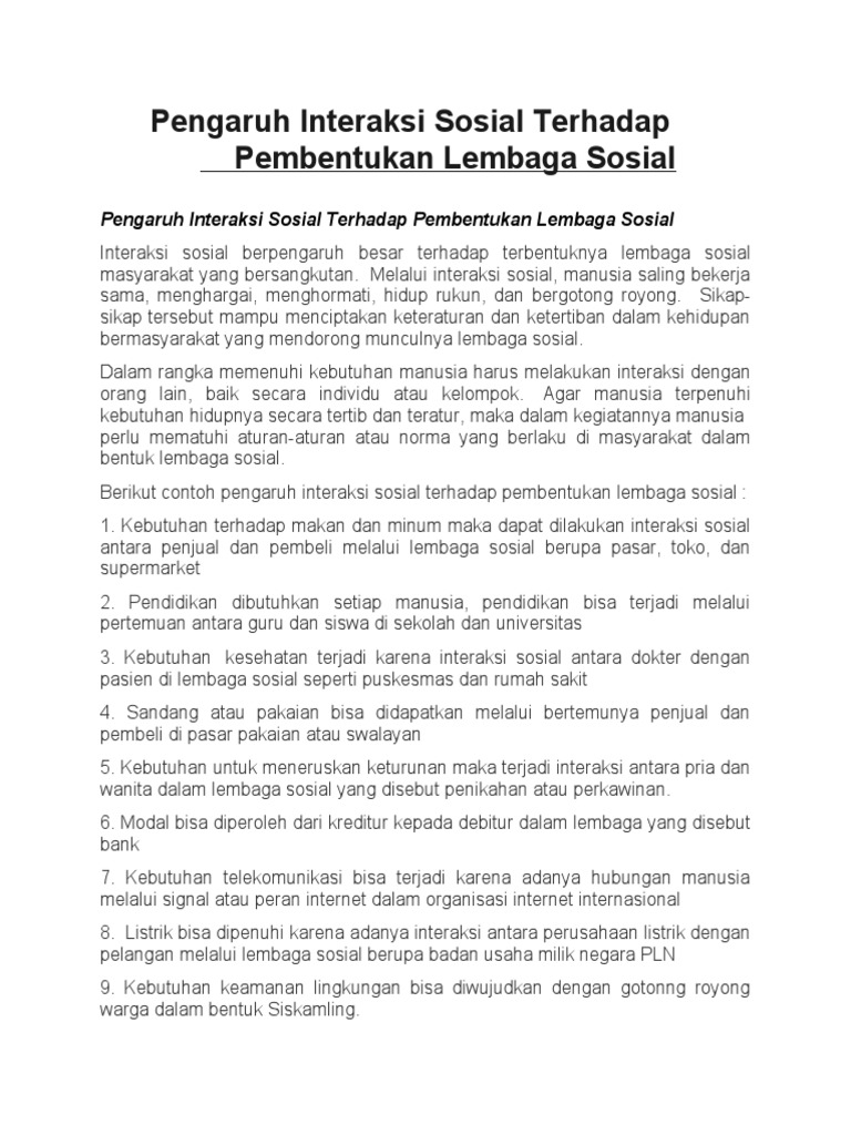 Pengaruh Interaksi Sosial Terhadap Pembentukan Lembaga Sosial | PDF