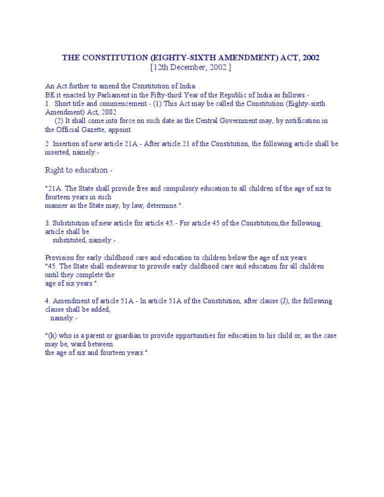86th Amendment: Right to Education Act | PDF
