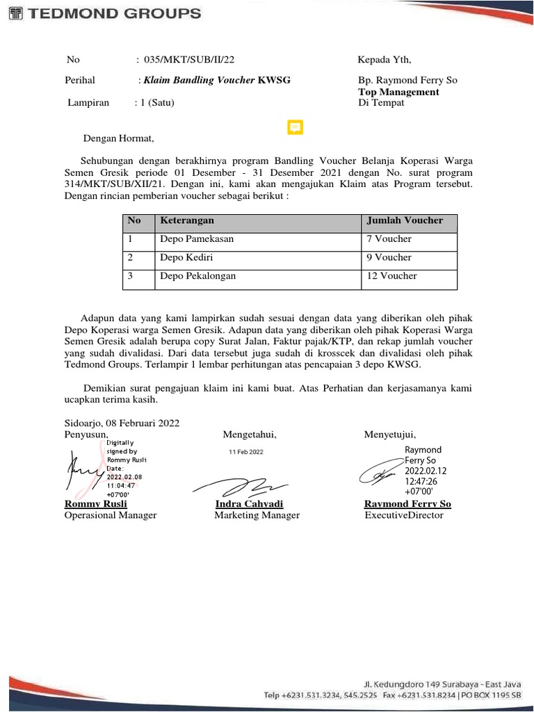 TTD-035 Surat Pengajuan Klaim Bandling Voucher KWSG Des 2021 | PDF