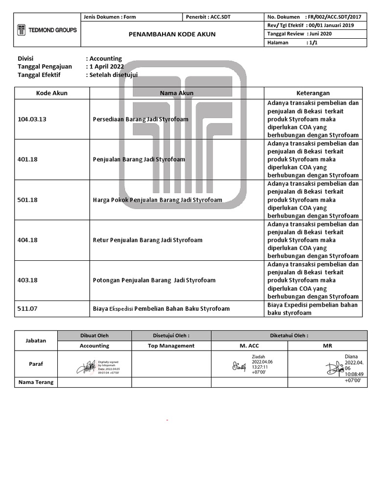 FR-002-ACC - SDT-2018 Form Penambahan Akun - COA Terkait Styrofoam | PDF