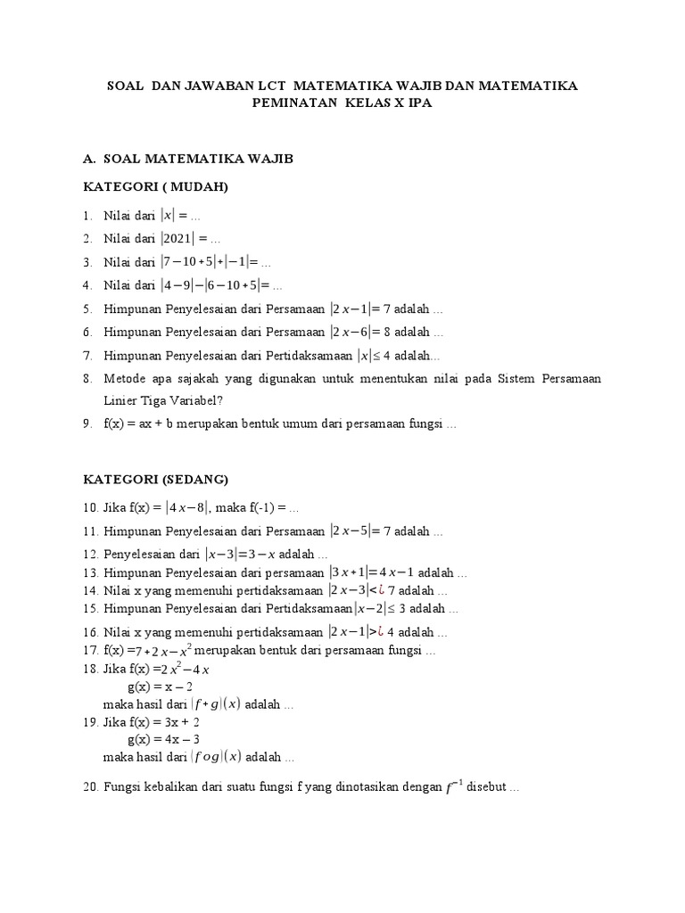 Soal LCT Matematika Kelas X Ipa 2021 | PDF