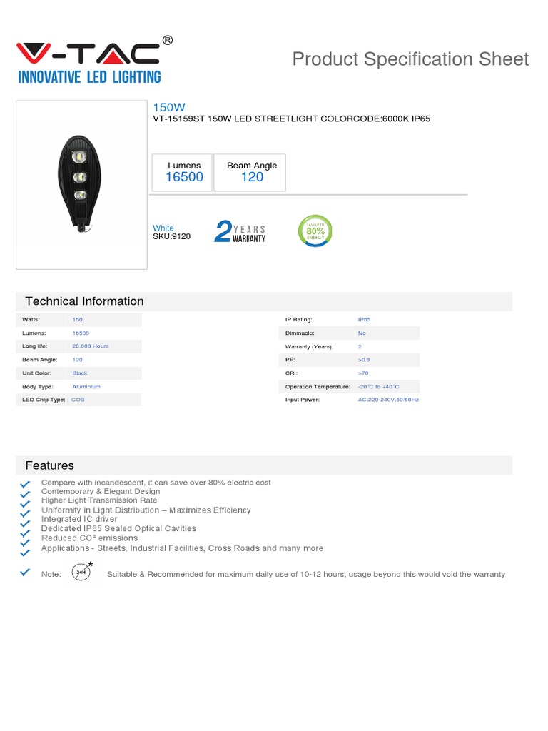 V TAC - Specs Sheet - SKU 9120 | PDF