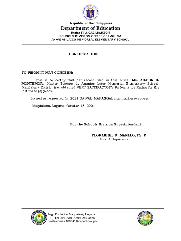 Certification - IPCRF - Gawad 2021 | PDF