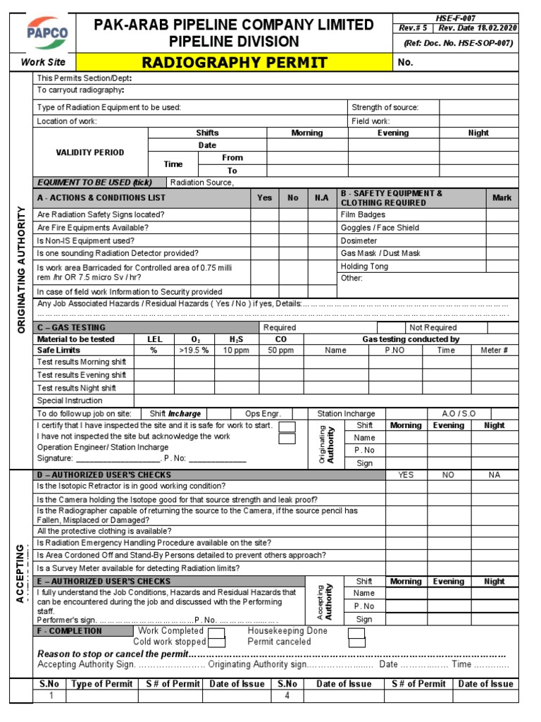 Radiography Work Permit Guidelines | PDF | Safety | Occupational Safety ...