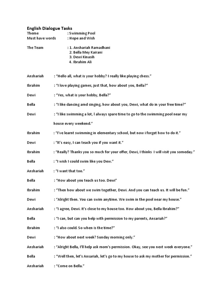 English Dialogue Tasks Swimming Pool | PDF