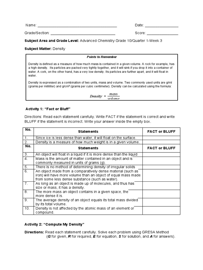 Q1 Week 3 Density | PDF | Density | Volume