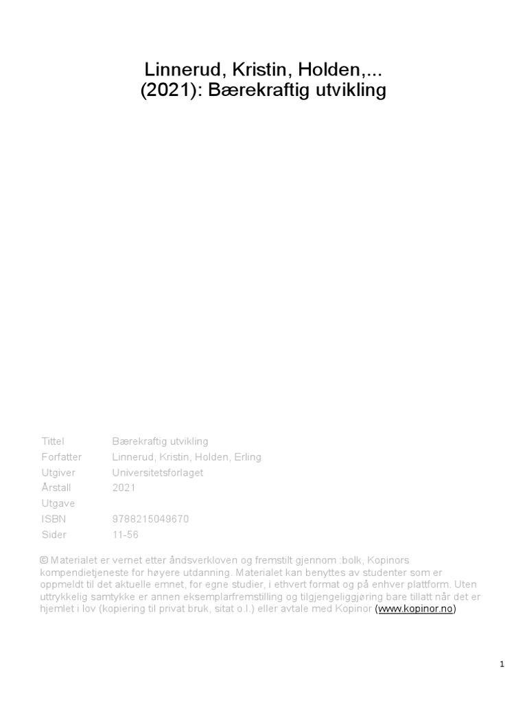Linnerud & Holden 2021 Bærekraftig Utvikling Innledning Og Del 1 | PDF
