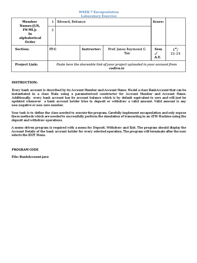 Ccs108 Week 7 Laboratory Exercise Pdf Constructor Object Oriented