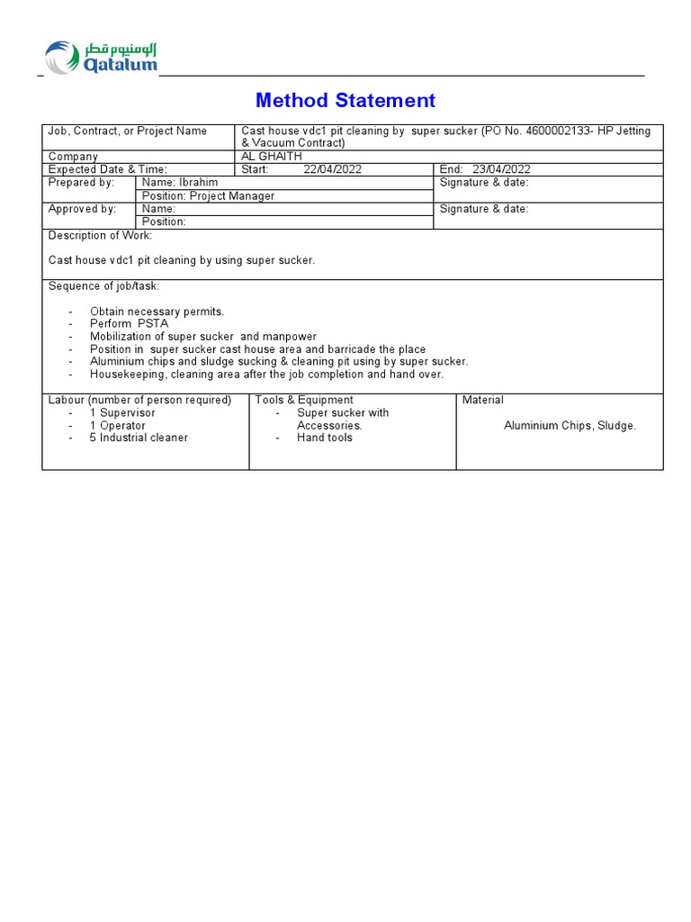 10.02.2021 Method Statement - Cast Hous Pit Cleaning | PDF