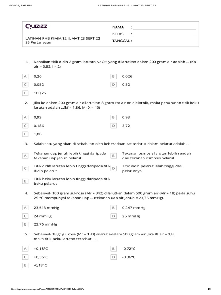 Latihan PHB Kimia 12 Jumat 23 Sept 22 | PDF