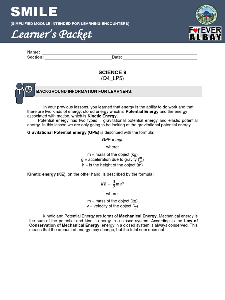 Science 9 - Grade 9 - Q4 - LP5 | PDF | Potential Energy | Kinetic Energy