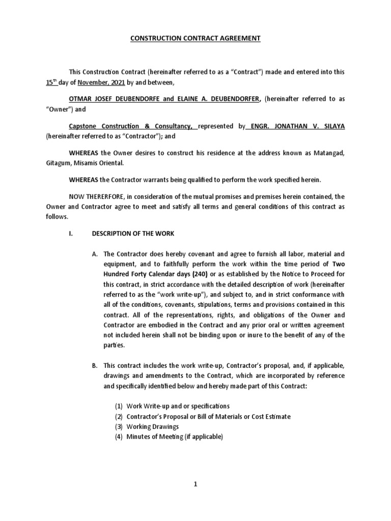 Construction Contract Agreement Details | PDF | Arbitration | General ...