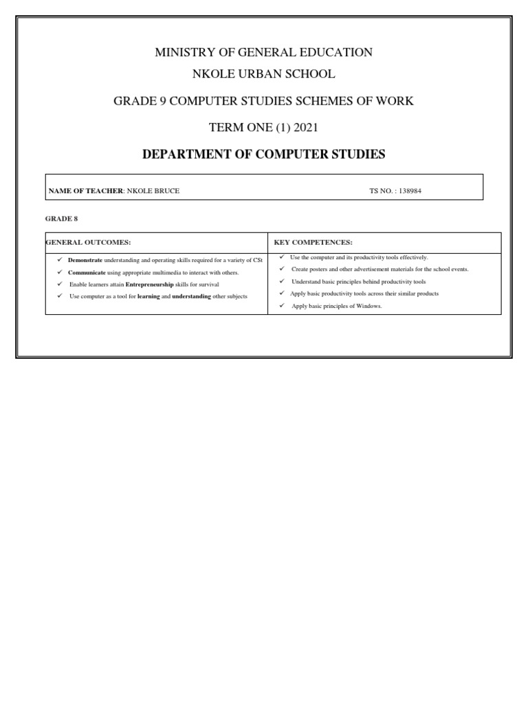 Computer Studies Schemes G9 Term 1 - 2021 | PDF | Spreadsheet | World Wide Web