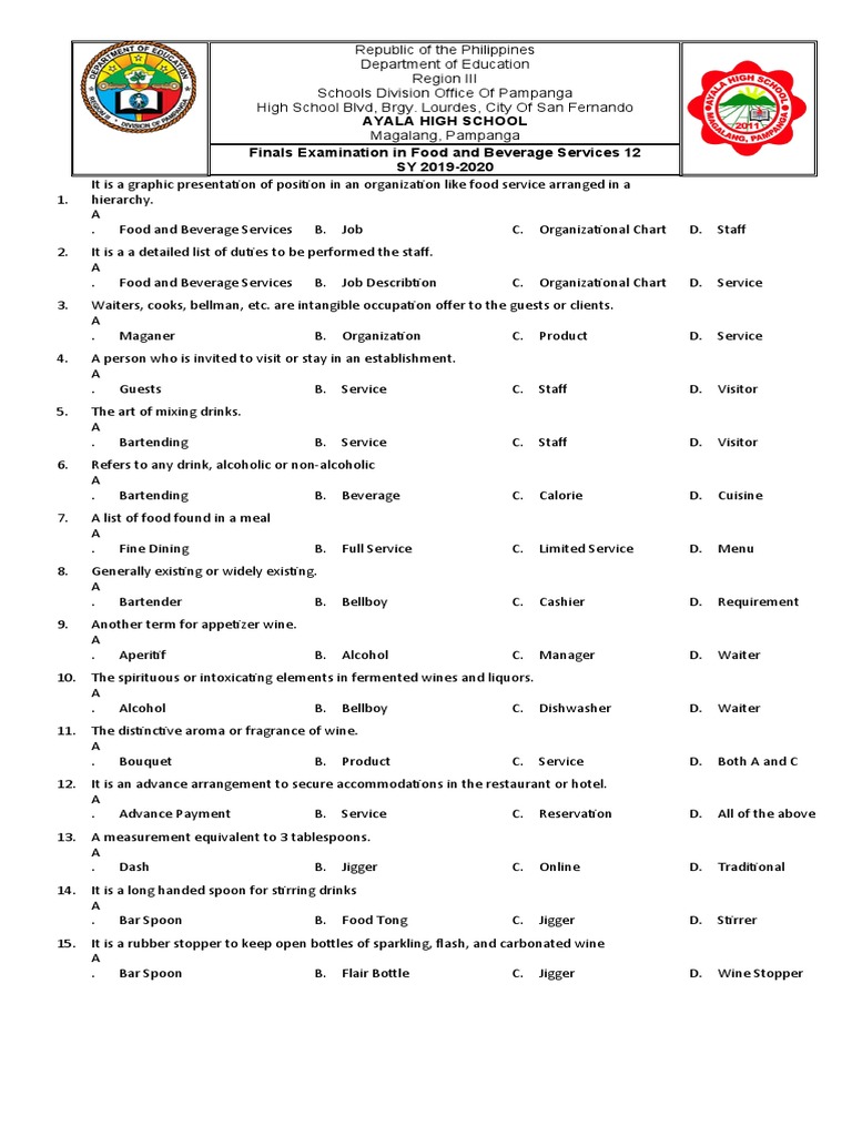 FBS-sample Exam | PDF | Menu | Drink
