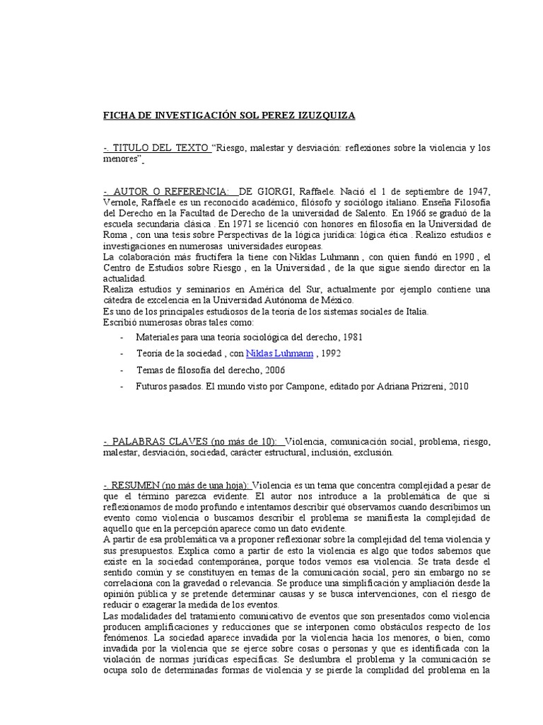 FICHA Bibliografica SOL PEREZ | PDF | Violencia | Sociedad