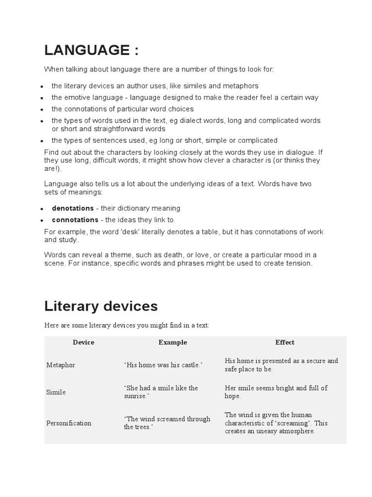 Language And Structure Devices Pdf Metaphor Narrative