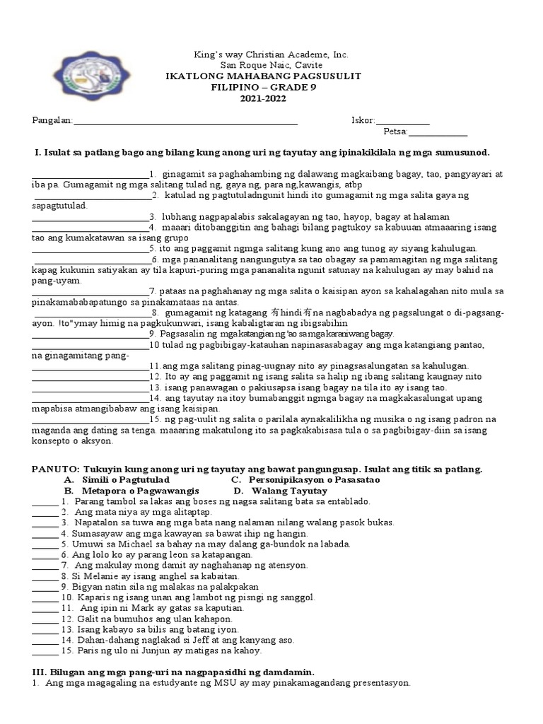 3rd Long Quiz Filipino Grade 9 | PDF