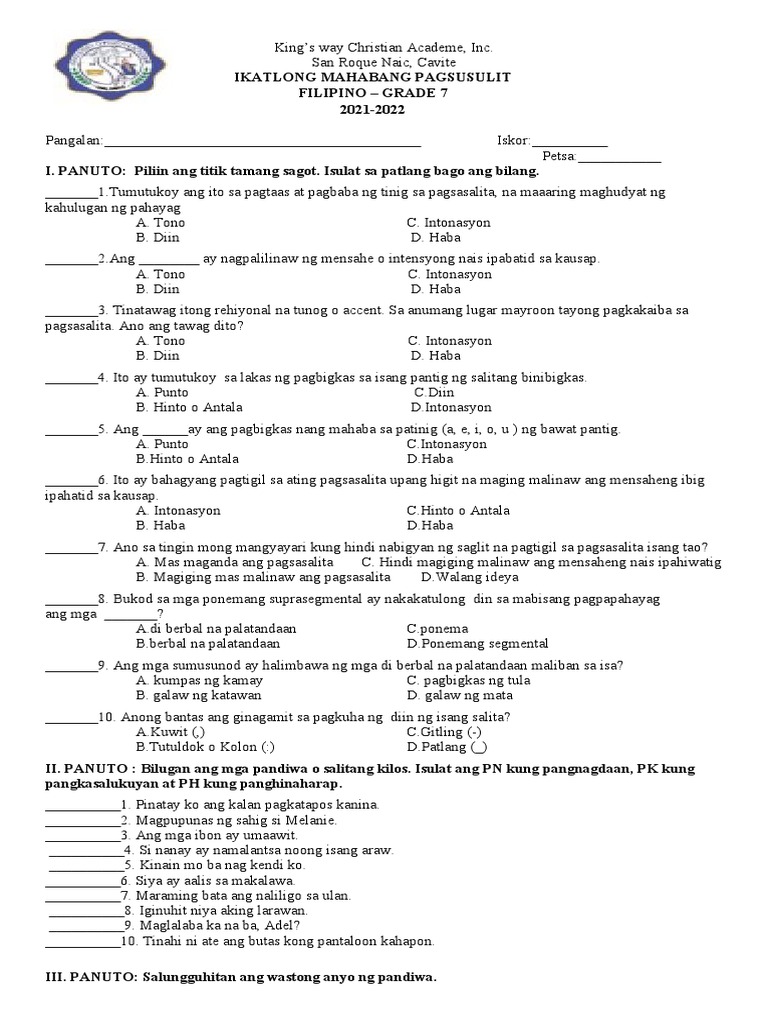 Grade 7 Filipino Long Test | PDF