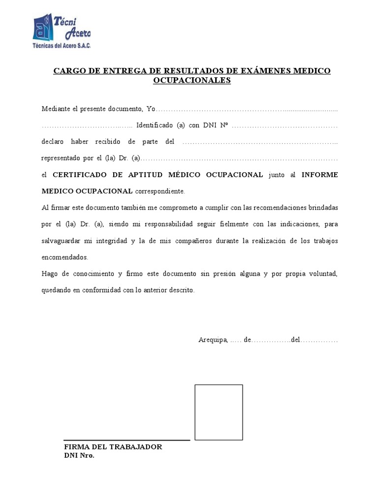Cargo de Entrega de Resultados de Exámenes Medico Ocupacionales | PDF Cargo de Entrega de Resultados de Exámenes Medico Ocupacionales | PDF