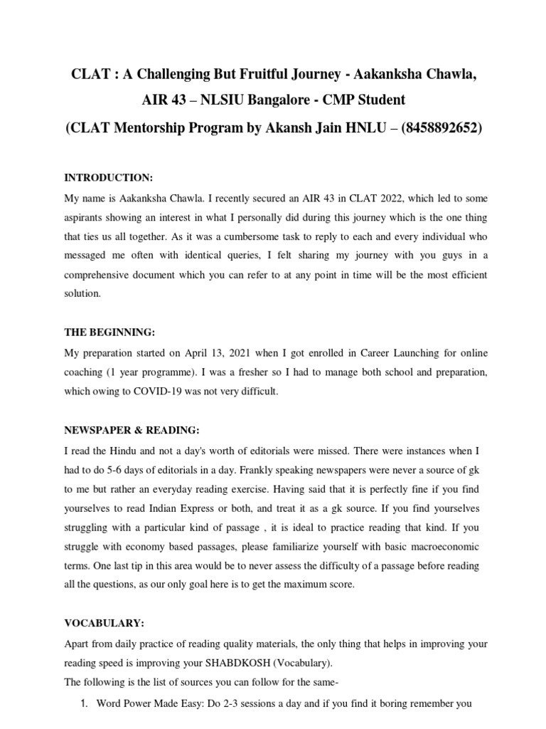 MY CLAT JOURNEY Aakanksha Chawla, AIR 43 CMP Student ...
