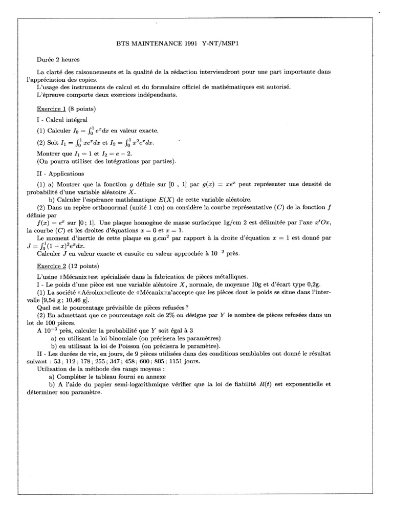 Bts MI Maths 1991 | PDF