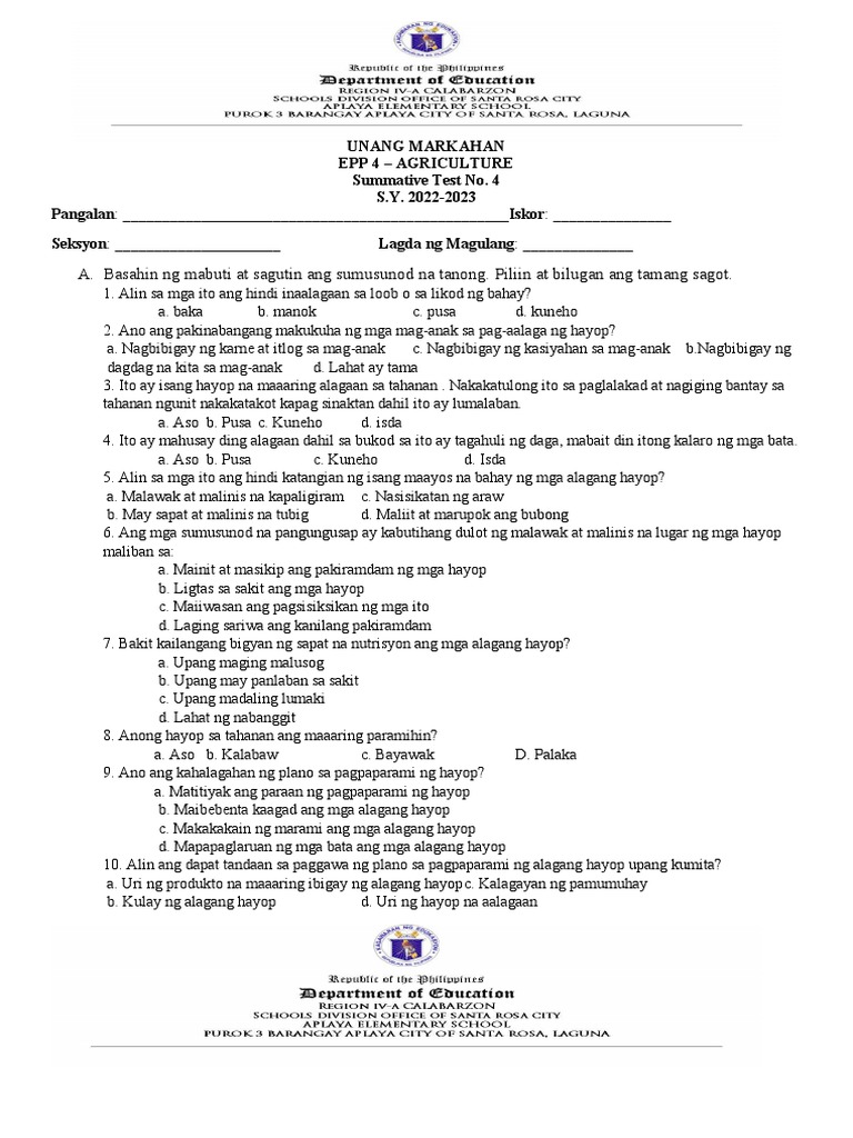 Agri Summative Test 4 Pdf
