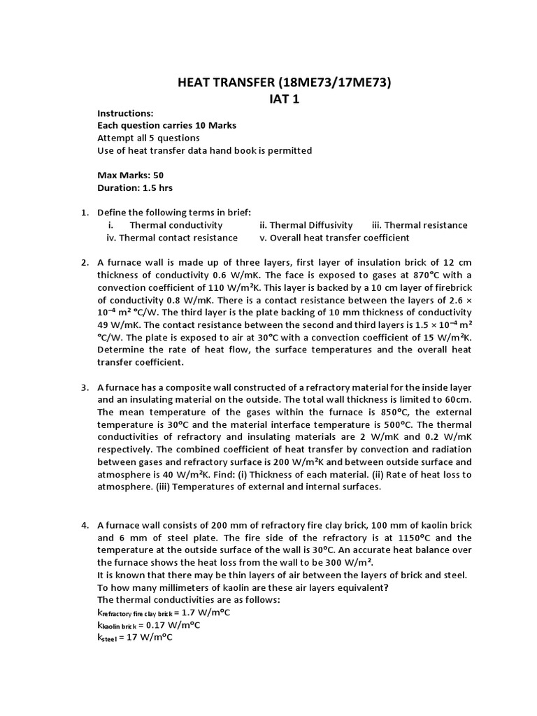 IAT-I Question Paper With Solution of 18ME63 Heat Transfer May-2021 ...