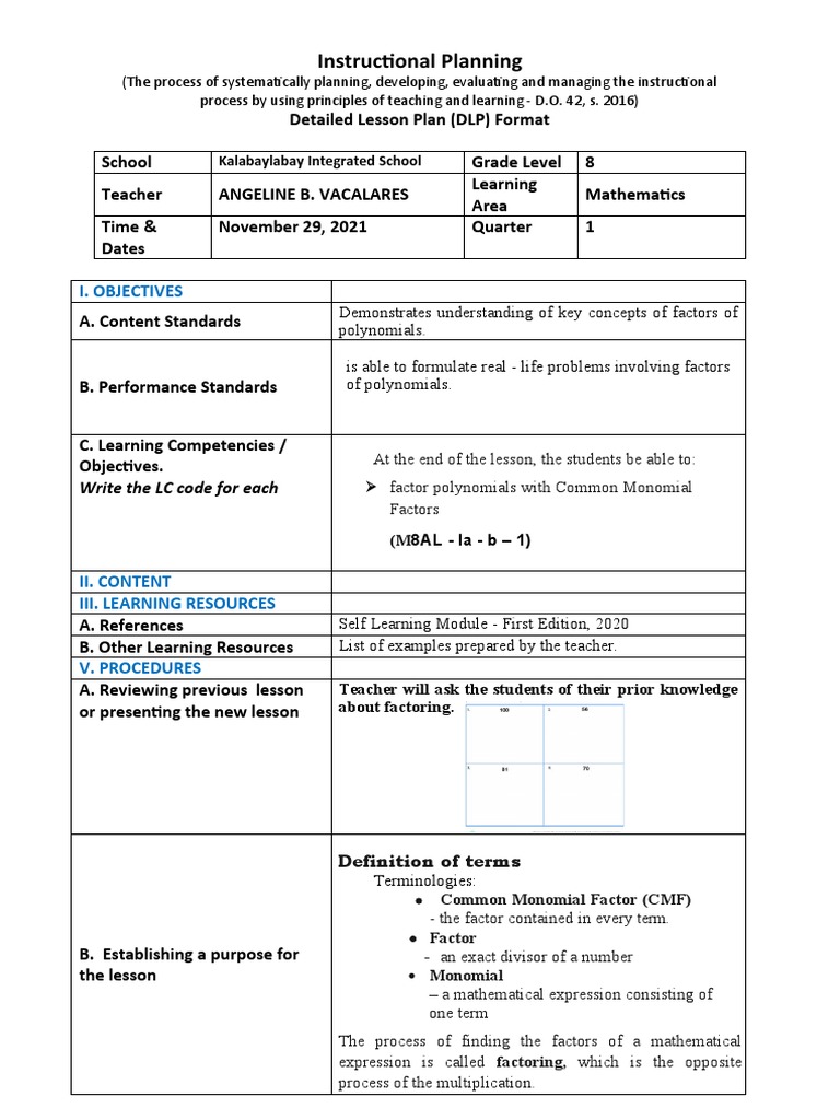 Lesson Plan in Mathematics 8 | PDF | Factorization | Lesson Plan