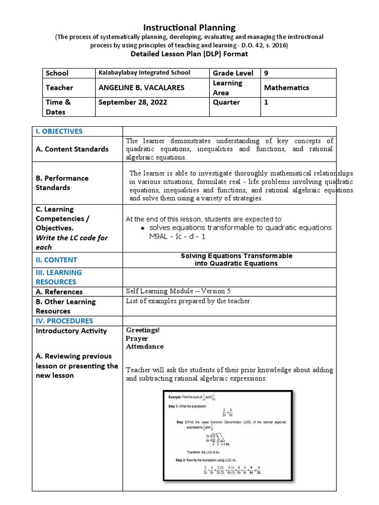 Lesson Plan in Mathematics 9 | PDF | Equations | Lesson Plan