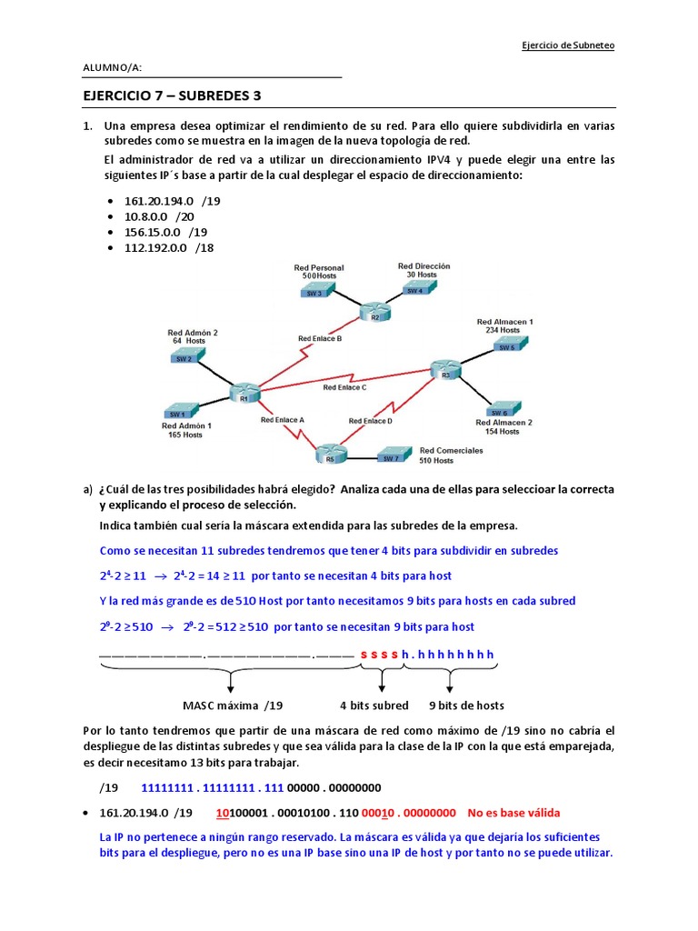 Ejercicio 7 - Subredes 3 - Con Soluciones | Descargar gratis PDF | Dirección IP | Protocolos de ...