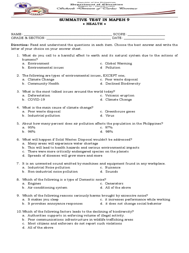 Summative Test in Health 9 | PDF