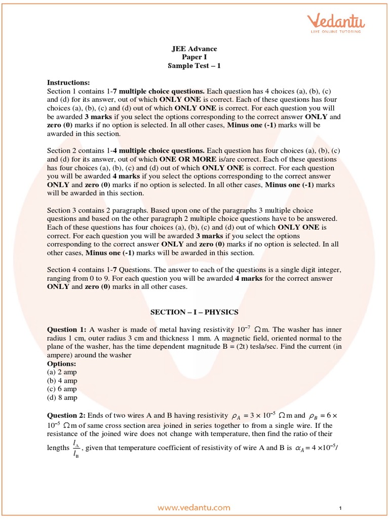 JEE Advanced (Paper-1) Sample Paper-1 Vedantu | PDF | Atoms | Electron