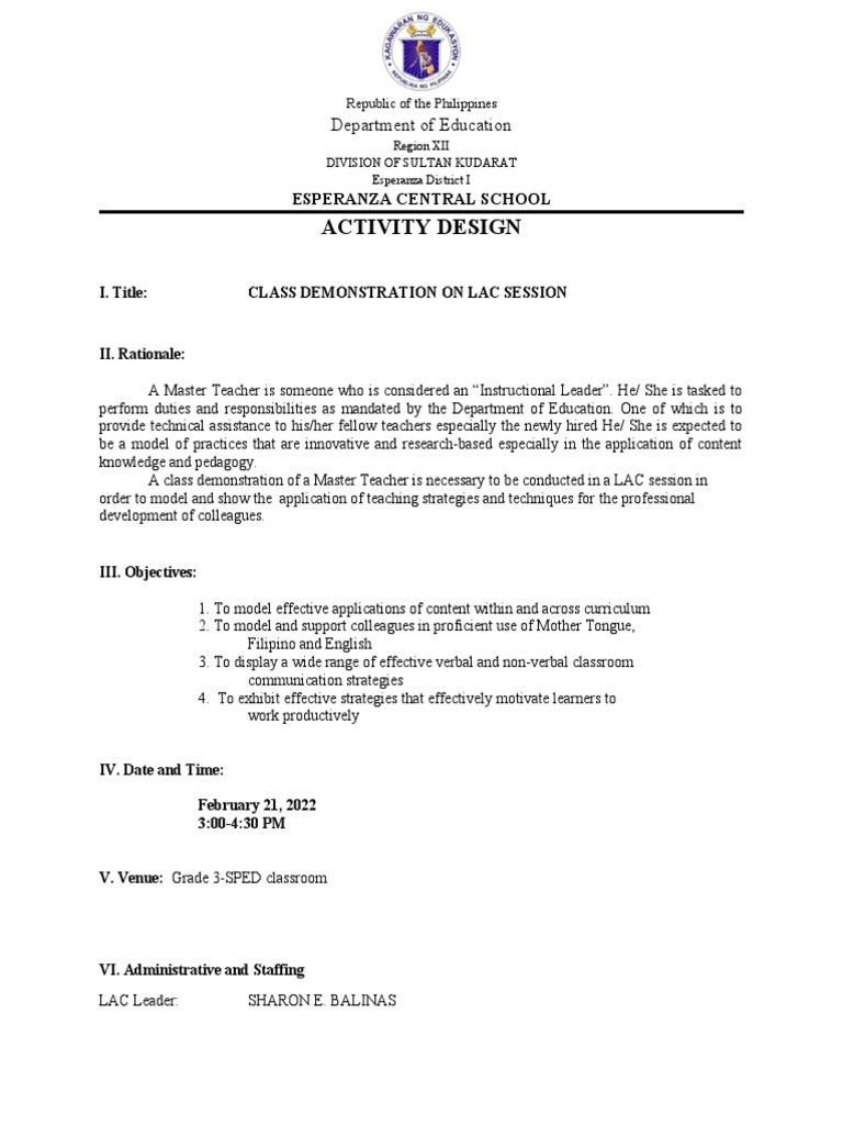 Class Demonstration Activity Design | PDF | Teachers | Learning
