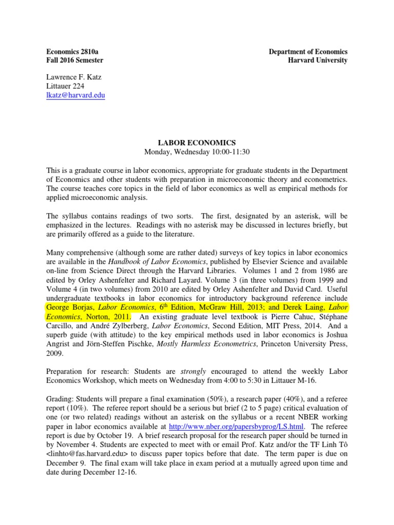 Labor Economics - Harvard - Syllabus | PDF | Economics | Labour Economics