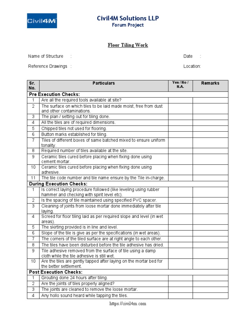 C4M Floor Tiling Work Checklist | Download Free PDF | Tile | Flooring