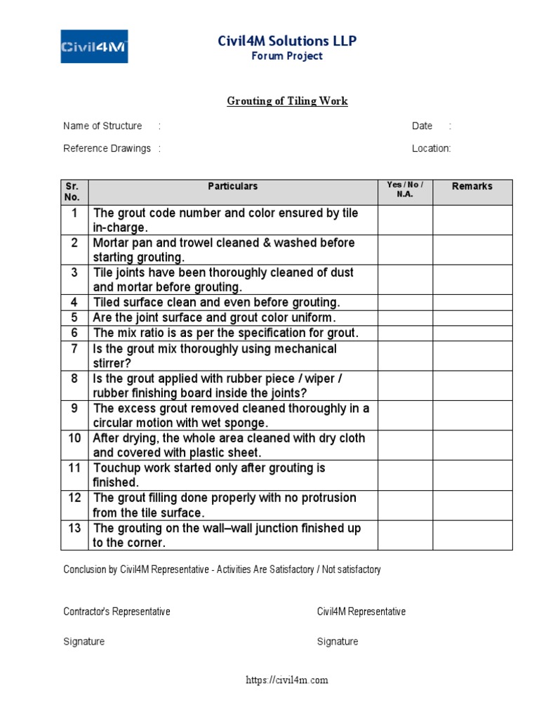C4M Grouting of Tiling Work Checklist | PDF