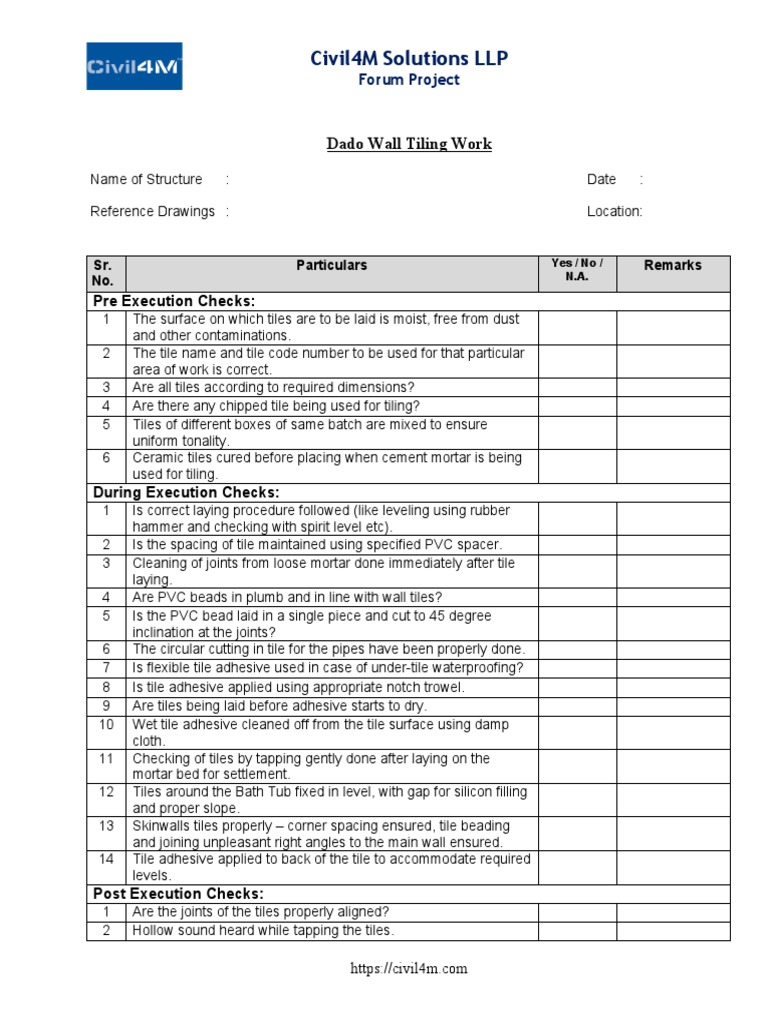 C4M Dado Wall Tiling Work Checklist | PDF | Tile | Adhesive