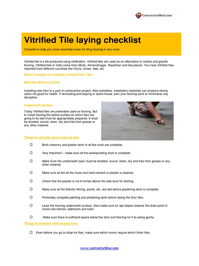 Vitrified Tile Installation Checklist | PDF | Tile | Flooring