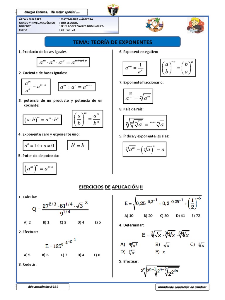 Teoría de Exponentes en Álgebra | PDF | Exponenciación | Matemáticas