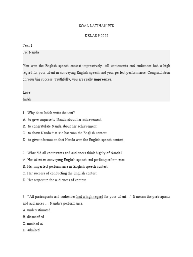 Soal Latihan PTS Kelas 9 2022 | PDF | Sugar | Diet & Nutrition