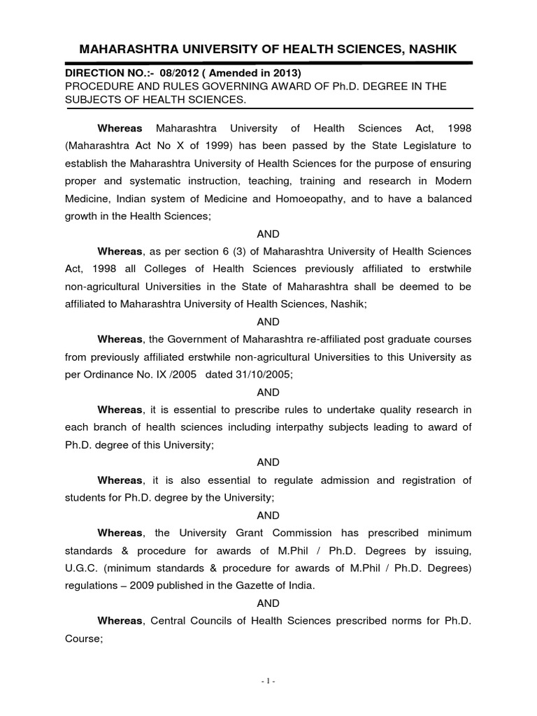 Muhs PHD PROCEDURE AND RULES GOVERNING AWARD OF Ph.D. DEGREE IN THE SUBJECTS OF HEALTH SCIENCES ...