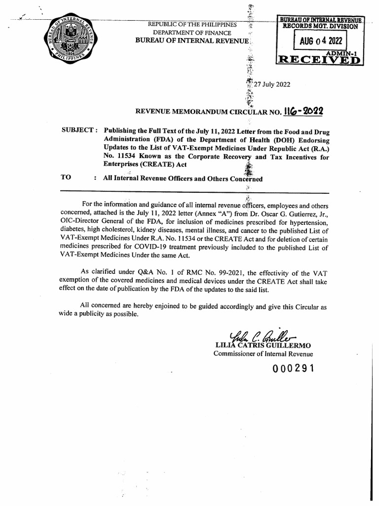 RMC No. 116-2022 Vat Exemption | PDF